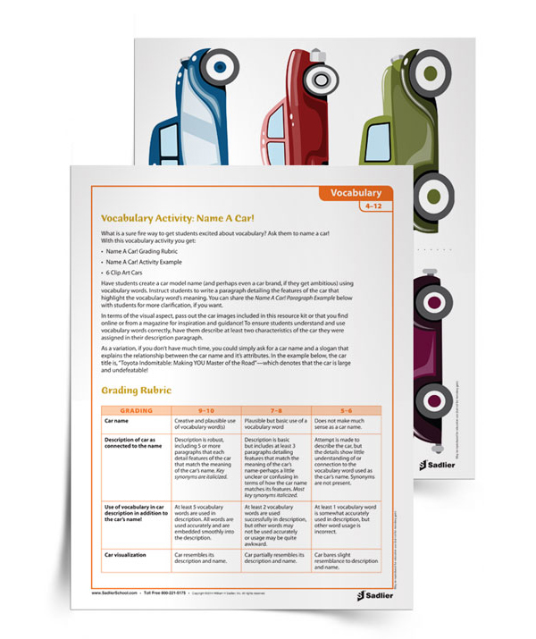Name a Car! Vocabulary Activity, Grades 4–12