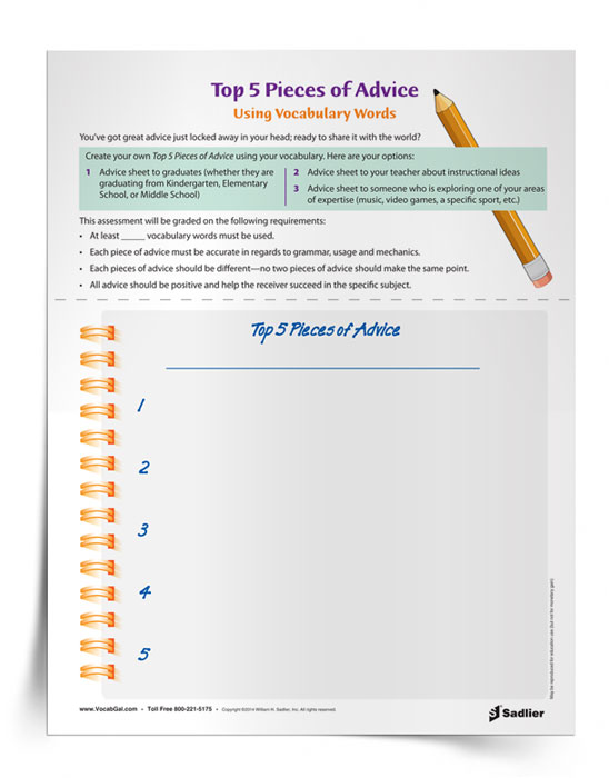 Last Week of School Activity– 5 Pieces of Advice Using Vocabulary Words