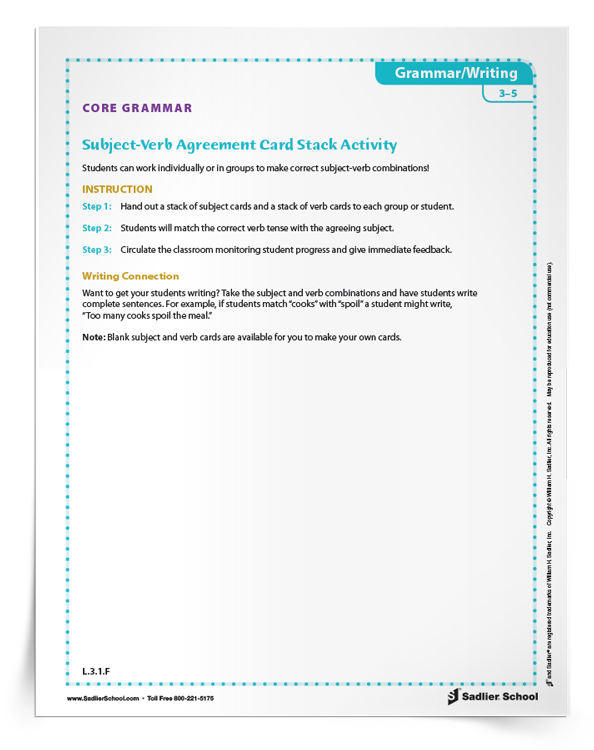 Subject-Verb Agreement Activity, Grades 3–5