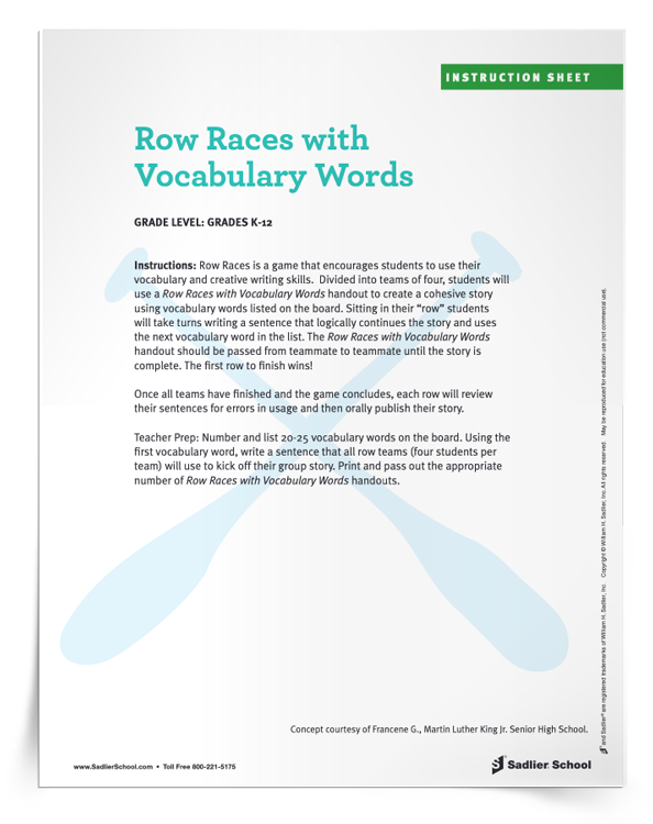 Vocabulary Game for Students: Row Races with Words, Grades 4–12
