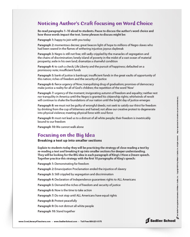 Close Reading Annotation Worksheet- 'I Have a Dream' by Martin Luther ...