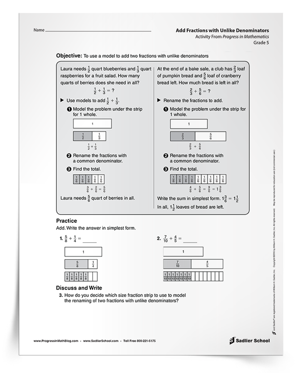 Adding Fractions Using Models Worksheets, Grades 4 & 5