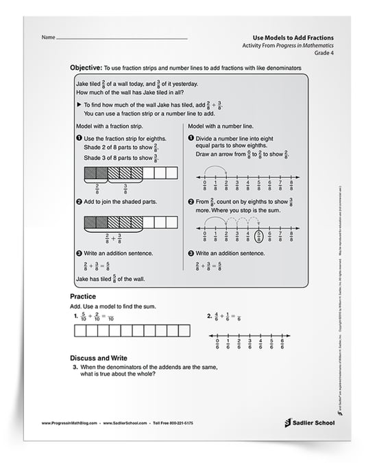 Adding Fractions Using Models Worksheets, Grades 4 & 5