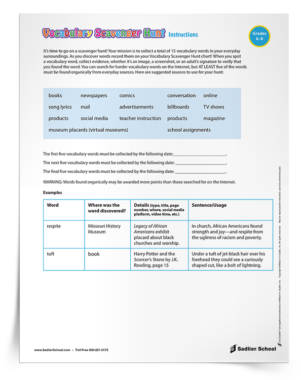 Vocabulary Scavenger Hunt Activity, Grades 1–12 (FREE Worksheets Included)