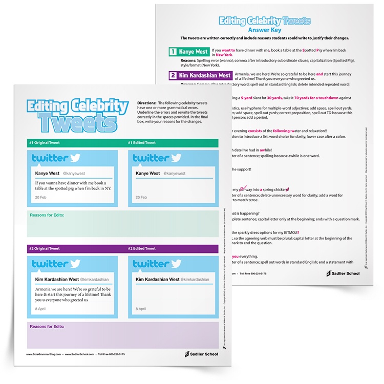 Celebrity Tweets Worksheet for Revising and Editing Practice, Grades 7–12